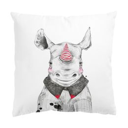 Bilderwelten Dekokissen schwarz weiss Tiere modern Aquarell - Tier Party - Nashorn - Bett Couch Kinderzimmer M&auml;dchen Jungen in 40x40 50x50 60x60