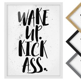 Bilderwelten Bild mit Rahmen Tiere weiss modern inkl. Rahmung - Wake up. Kick Ass. - Motivation Wohnzimmer Schlafzimmer
