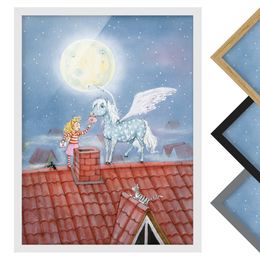 Bilderwelten Bild mit Rahmen blau Illustration Aquarell - Maries Zauberpony - Deko Kinderzimmer Baby M&auml;dchen Jungen