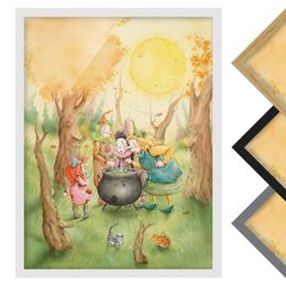 Bilderwelten Bild mit Rahmen gelb Illustration Aquarell - Frida beim Hexentreffen - Deko Kinderzimmer Baby M&auml;dchen Jungen