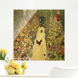 Bilderwelten Glasbild Blumen modern gelb Glas Wandbild - Gustav Klimt - Gartenweg mit H&uuml;hnern - Deko Wohnzimmer Schlafzimmer