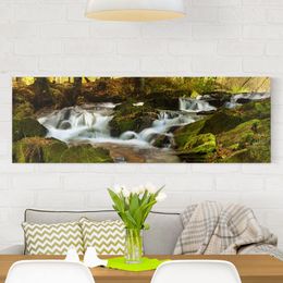 Bilderwelten Leinwandbild - Panorama Wasserfall herbstlicher Wald
