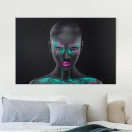 Bilderwelten Leinwandbild Portrait Neon Art Kunstdruck bunt - Portr&auml;t mit Neonfarben bemalt - Wandbild XXL Wohnzimmer Schlafzimmer