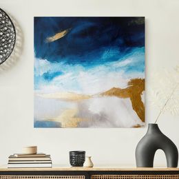 Bilderwelten Leinwandbild originell Abstrakt Kunstdruck blau - Winterlandschaft mit Akzenten - Wandbild XXL Wohnzimmer Schlafzimmer