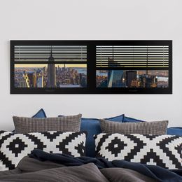 Bilderwelten Leinwandbild - Panorama Fensterblick Jalousie - Manhattan Abendstimmung
