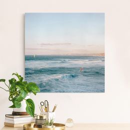 Bilderwelten Leinwandbild Strand Motiv Kunstdruck t&uuml;rkis - Windsurfen in Pastell - Wandbild XXL Wohnzimmer Schlafzimmer