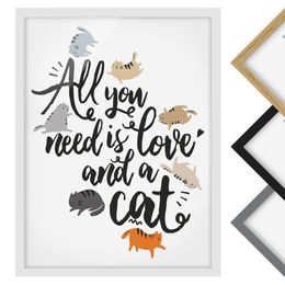 Bilderwelten Bild mit Rahmen Tiere weiss Illustration inkl. Rahmung - All you need is love and a cat - Katze Wohnzimmer Schlafzimmer