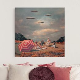 Bilderwelten Leinwandbild originell Fotomontage Kunstdruck orange - Ufos an einem Sommertag - Wandbild XXL Wohnzimmer Schlafzimmer