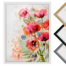 Bilderwelten Bild mit Rahmen - Hochformat Aquarell Blumen Mohn