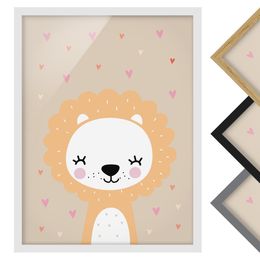 Bilderwelten Bild mit Rahmen Tiere gelb Illustration inkl. Rahmung - Der liebe L&ouml;we - Herz Kinderzimmer Baby M&auml;dchen Jungen