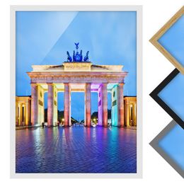 Bilderwelten Bild mit Rahmen Stadt einzigartig modern 3D-Effekt - Erleuchtetes Brandenburger Tor - Skylines Wohnzimmer Schlafzimmer