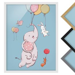 Bilderwelten Bild mit Rahmen Tiere einzigartig modern inkl. Rahmung - Elefant, Hase und Eichh&ouml;rnchen fliegen - Ballon Kinderzimmer Baby M&auml;dchen Jungen