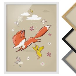 Bilderwelten Bild mit Rahmen Tiere beige Illustration inkl. Rahmung - Komm wir spielen - Deko Kinderzimmer Baby M&auml;dchen Jungen