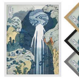 Bilderwelten Bild mit Rahmen Natur blau modern inkl. Rahmung - Katsushika Hokusai - Der Wasserfall von Amida - Landschaft Wohnzimmer Schlafzimmer