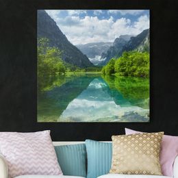 Bilderwelten Leinwandbild - Quadrat Bergsee mit Spiegelung