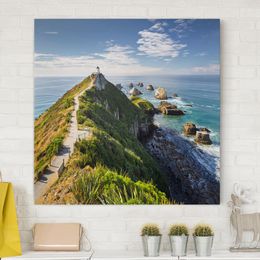 Bilderwelten Leinwandbild Strand Motiv Kunstdruck blau - Nugget Point Leuchtturm und Meer Neuseeland - Himmel XXL Wohnzimmer Schlafzimmer
