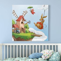 Bilderwelten Leinwandbild Tiere Illustration Kunstdruck Leinwanddruck - Fliegender Bauernhof Ausflug - Wandbild XXL Kinderzimmer Baby M&auml;dchen Jungen