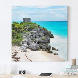 Bilderwelten Leinwandbild Strand Tropisch Kunstdruck gr&uuml;n - Karibikk&uuml;ste Tulum Ruinen - Landschaft XXL Wohnzimmer Schlafzimmer