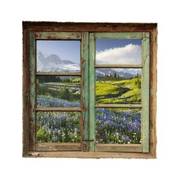 Bilderwelten Wandtattoo Blumen Landhaus 3D-Effekt gr&uuml;n - Fensterblick Bergwiese mit Blumen vor Mt. Rainier - Himmel Wohnzimmer Schlafzimmer