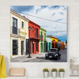 Bilderwelten Leinwandbild Stadt Motiv Kunstdruck Leinwanddruck - Bunte Fassaden schwarzer Beetle - Skylines XXL Wohnzimmer Schlafzimmer