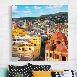 Bilderwelten Leinwandbild Stadt modern Kunstdruck orange - Bunte H&auml;user Guanajuato - Skylines XXL Wohnzimmer Schlafzimmer