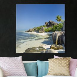 Bilderwelten Leinwandbild Strand Tropisch Kunstdruck blau - Traumstrand Seychellen - Karibik XXL Wohnzimmer Schlafzimmer