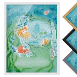 Bilderwelten Bild mit Rahmen t&uuml;rkis Illustration Aquarell - Matilda die kleine Meerjungfrau - Matilda wird Akrobatin - Meerjungfrau Kinderzimmer Baby M&auml;dchen