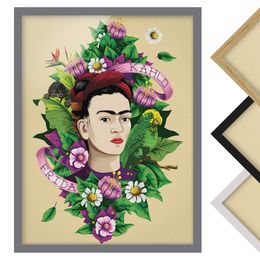 Bilderwelten Bild mit Rahmen - Hochformat Frida Kahlo - Frida, &Auml;ffchen und Papagei