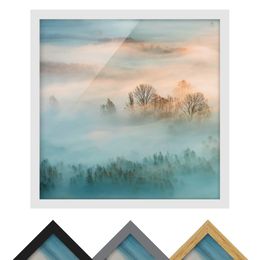 Bilderwelten Bild mit Rahmen Wald beige Motiv inkl. Rahmung - Nebel bei Sonnenaufgang - B&auml;ume Wohnzimmer Schlafzimmer