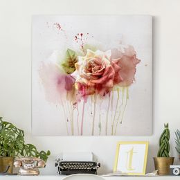 Bilderwelten Leinwandbild Blumen modern Aquarell orange - Aquarell Rose - Wandbild XXL Wohnzimmer Schlafzimmer