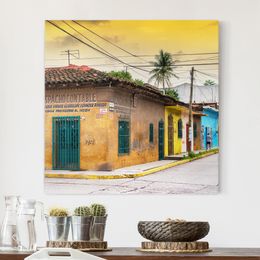 Bilderwelten Leinwandbild Stadt modern Kunstdruck gelb - Bunte Stra&szlig;e Sonnenuntergang - Skylines XXL Wohnzimmer Schlafzimmer