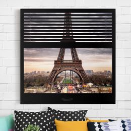 Bilderwelten Leinwandbild Stadt modern Kunstdruck Leinwanddruck - Fensterblick Jalousie - Eiffelturm Paris - Paris XXL Wohnzimmer Schlafzimmer