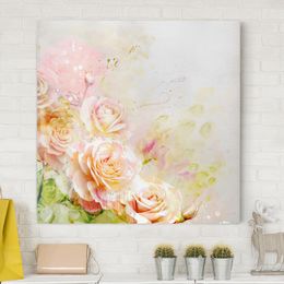 Bilderwelten Leinwandbild Blumen Shabby Aquarell orange - Aquarell Rosen Komposition - Wandbild XXL Wohnzimmer Schlafzimmer