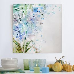 Bilderwelten Leinwandbild Blumen modern Aquarell blau - Aquarell Blumen Lilien - Wandbild XXL Wohnzimmer Schlafzimmer