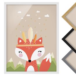 Bilderwelten Bild mit Rahmen Tiere rot Illustration inkl. Rahmung - Indianerfuchs - Indianer Kinderzimmer Baby M&auml;dchen Jungen