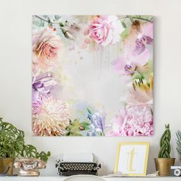 Bilderwelten Leinwandbild Blumen modern Aquarell beige - Aquarell Bl&uuml;tenmix Pastell - Wandbild XXL Wohnzimmer Schlafzimmer