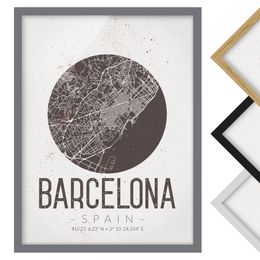 Bilderwelten Bild mit Rahmen - Hochformat Stadtplan Barcelona - Retro