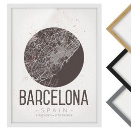 Bilderwelten Bild mit Rahmen Spr&uuml;che braun modern inkl. Rahmung - Stadtplan Barcelona - Retro - Karten Wohnzimmer Schlafzimmer