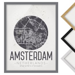 Bilderwelten Bild mit Rahmen - Hochformat Stadtplan Amsterdam - Retro