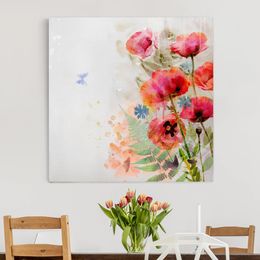Bilderwelten Leinwandbild - Quadrat Aquarell Blumen Mohn