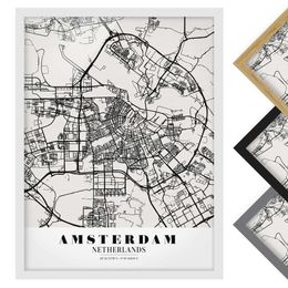 Bilderwelten Bild mit Rahmen Spr&uuml;che schwarz weiss modern inkl. Rahmung - Stadtplan Amsterdam - Klassik - Karten Wohnzimmer Schlafzimmer