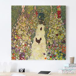 Bilderwelten Leinwandbild Blumen modern Kunstdruck gelb - Gustav Klimt - Gartenweg mit H&uuml;hnern - Wandbild XXL Wohnzimmer Schlafzimmer