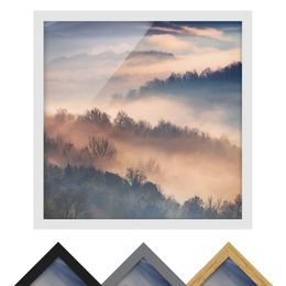 Bilderwelten Bild mit Rahmen - Quadrat Nebel bei Sonnenuntergang