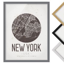 Bilderwelten Bild mit Rahmen - Hochformat Stadtplan New York - Retro
