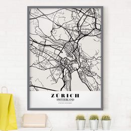 Bilderwelten Bild mit Rahmen - Hochformat Stadtplan Z&uuml;rich - Klassik