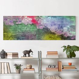 Bilderwelten Leinwandbild - Panorama Bunte bespr&uuml;hte alte Wand aus Backstein