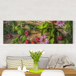 Bilderwelten Leinwandbild - Panorama Blumen Himbeeren Minze