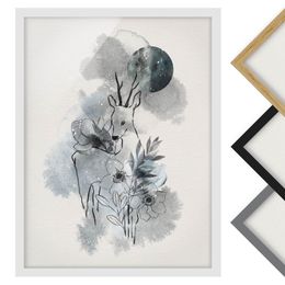 Bilderwelten Bild mit Rahmen Tiere blau modern inkl. Rahmung - Reh und Mond - Deko Kinderzimmer Baby M&auml;dchen Jungen