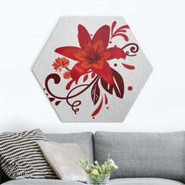 Bilderwelten Alu-Dibond Bild Hexagon Blumen weiss Abstrakt - No.BP7 Lilientraum red - Deko Wohnzimmer Schlafzimmer