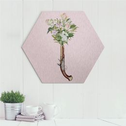 Bilderwelten Alu-Dibond Bild Hexagon Blumen rosa Fotomontage - Pistole mit Blumen - Deko Wohnzimmer Schlafzimmer